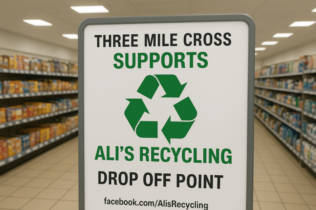 Three Mile Cross Backs Ali’s Recycling | Fraser's Budgens